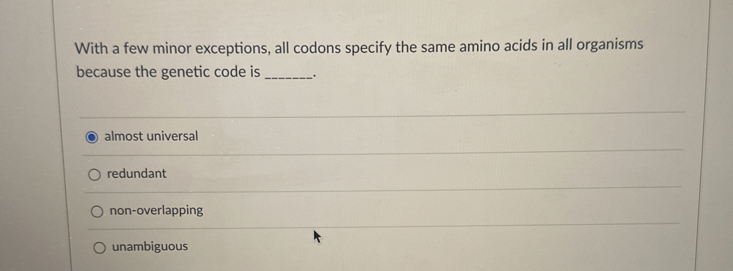 Solved With a few minor exceptions, all codons specify the | Chegg.com