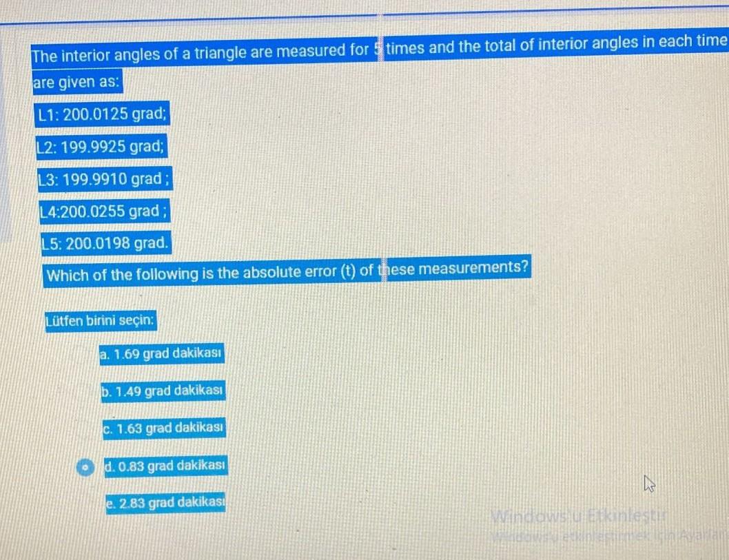Solved Which of the following is the absolute error (t) of | Chegg.com