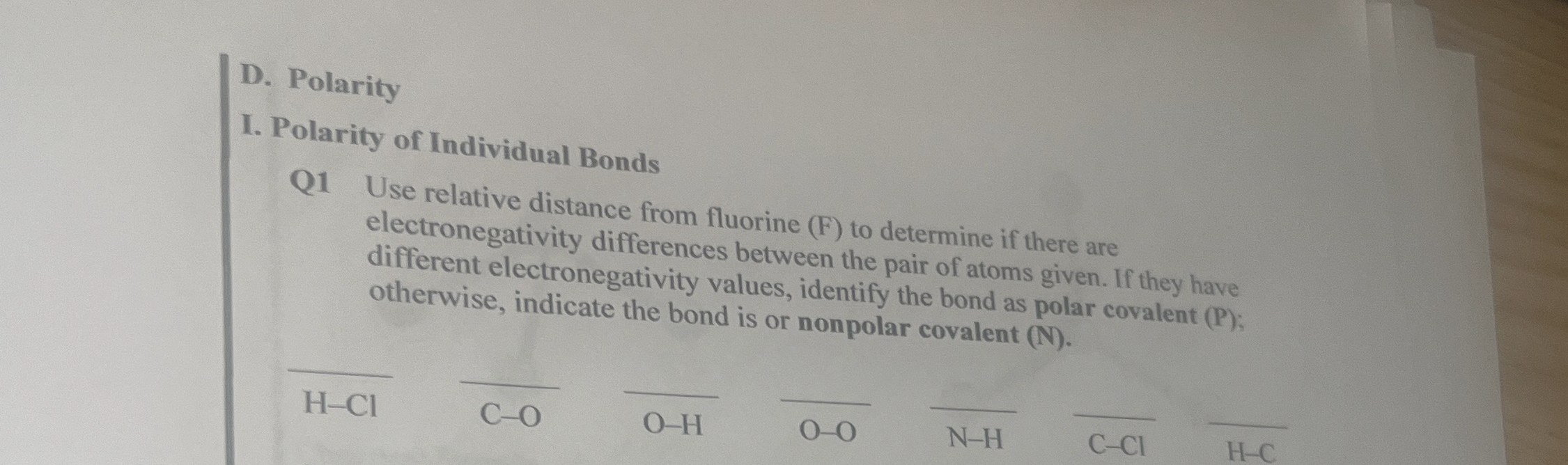Solved D. ﻿PolarityI. Polarity of Individual BondsQ1 ﻿Use | Chegg.com