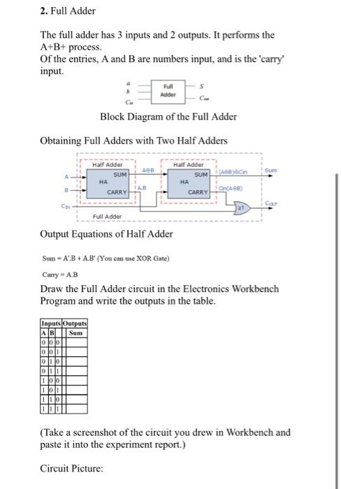Solved 2. Full Adder The full adder has 3 inputs and 2 | Chegg.com
