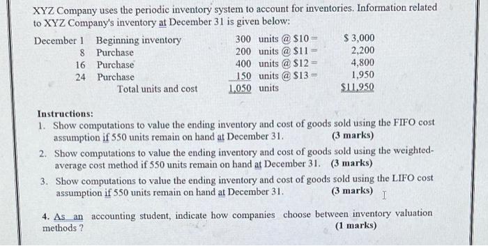 Solved XYZ Company uses the periodic inventory system to | Chegg.com