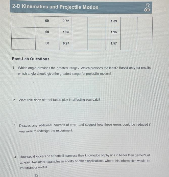 Solved Data sheet Table 5. Projectile Data for Rockets with | Chegg.com