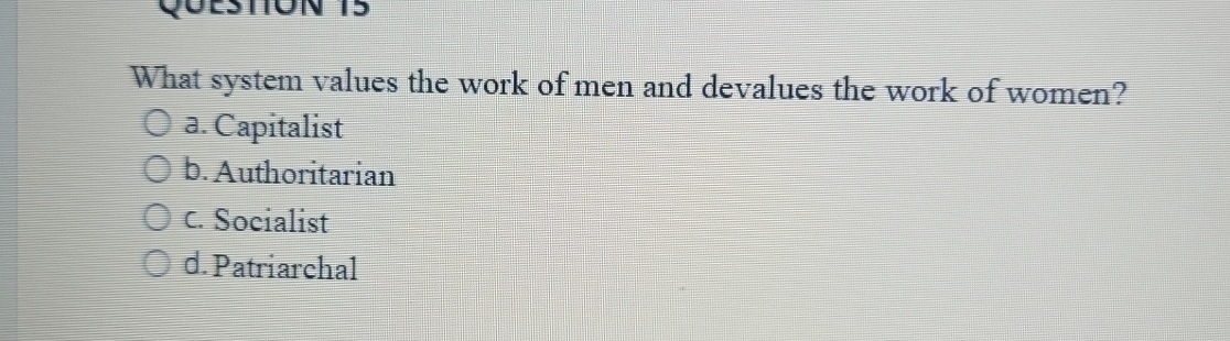 Solved What system values the work of men and devalues the | Chegg.com