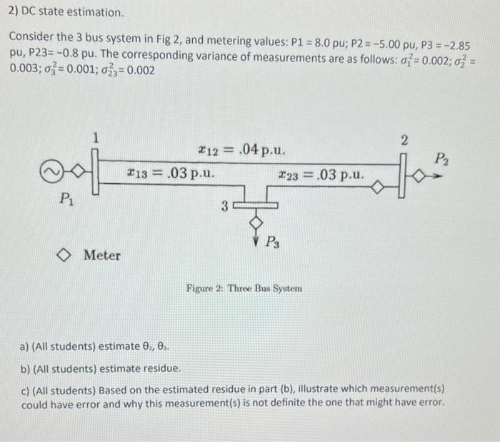 Solved 2) DC state estimation. Consider the 3 bus system in | Chegg.com