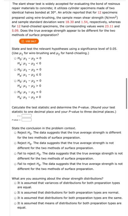 Solved The slant shear test is widely accepted for | Chegg.com
