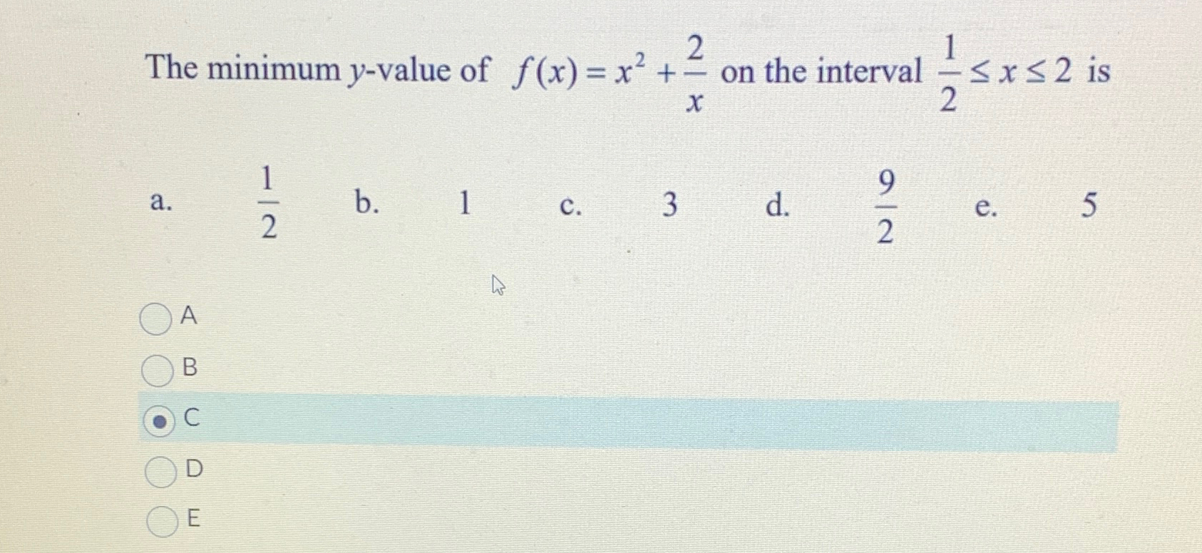 Solved The minimum y-value of f(x)=x2+2x ﻿on the interval | Chegg.com