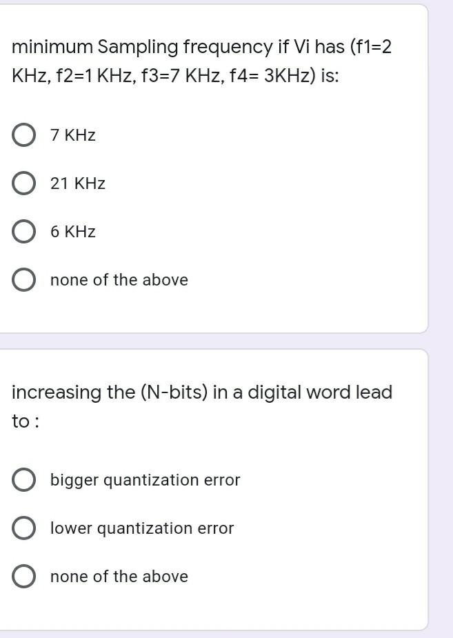 Solved minimum Sampling frequency if Vi has (f1=2 KHz, f2=1 | Chegg.com