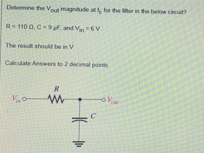 Solved Determine the Vout magnitude at fc for the filter in | Chegg.com