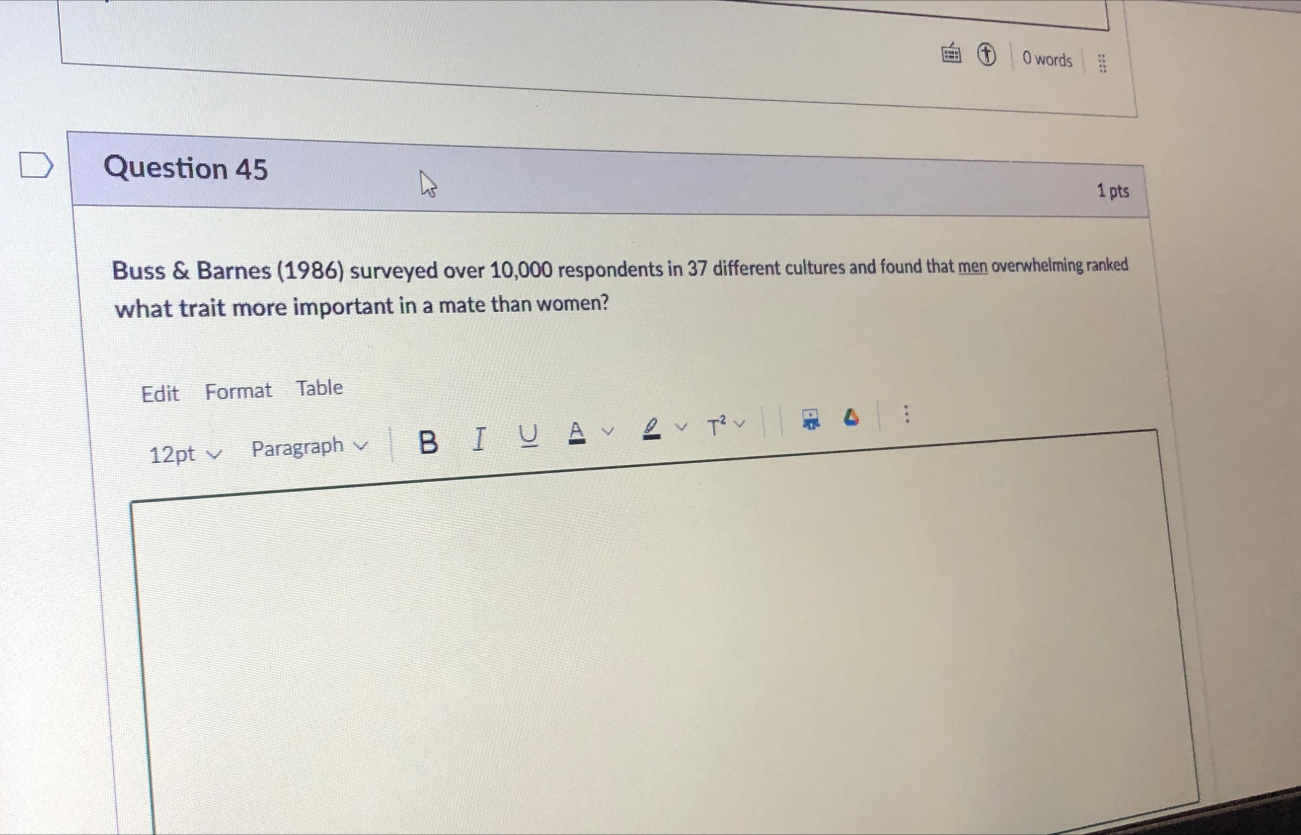 Solved Question 451 ﻿ptsBuss & Barnes (1986) ﻿surveyed over | Chegg.com
