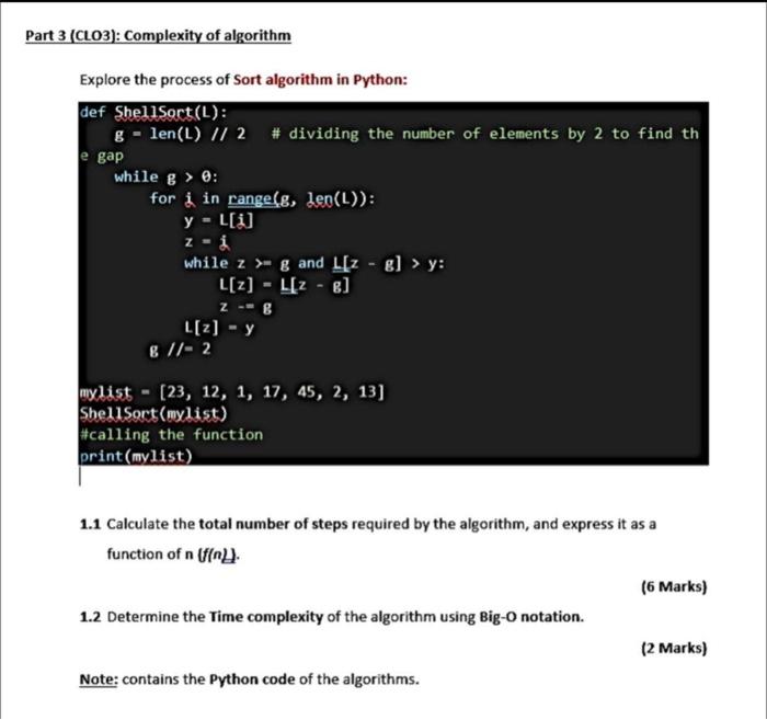 Solved Part 3 (CLO3): Complexity of algorithm Explore the | Chegg.com