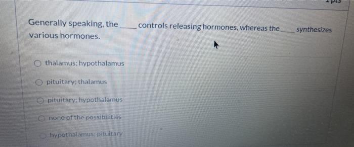 Solved Generally speaking, the_controls releasing hormones, | Chegg.com