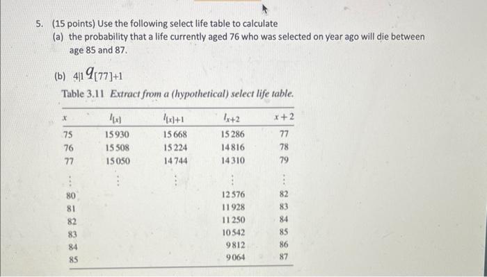 Solved 5. (15 points) Use the following select life table to | Chegg.com