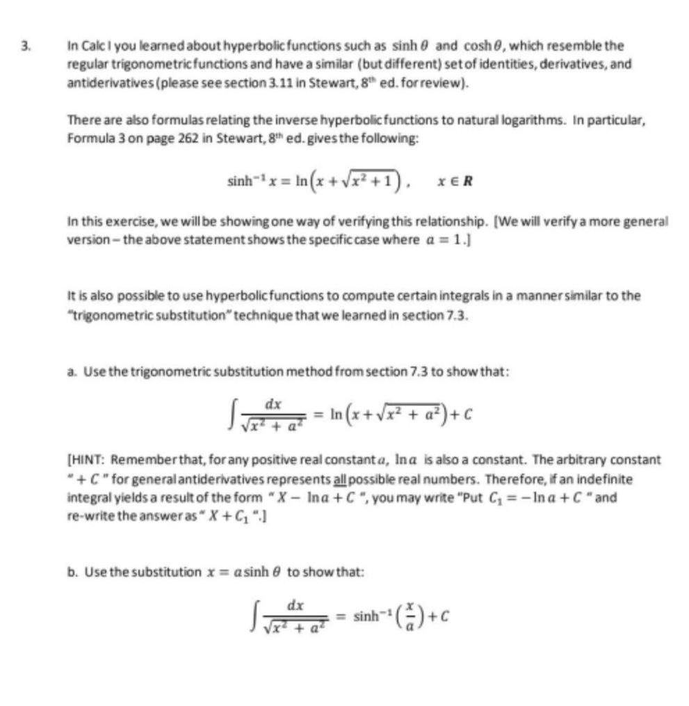 Solved In Calc I you learned about hyperbolic functions such | Chegg.com