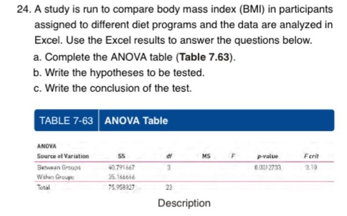 Solved 24. A study is run to compare body mass index (BMI) | Chegg.com
