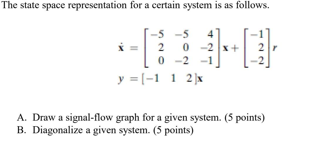 Solved The state space representation for a certain system | Chegg.com