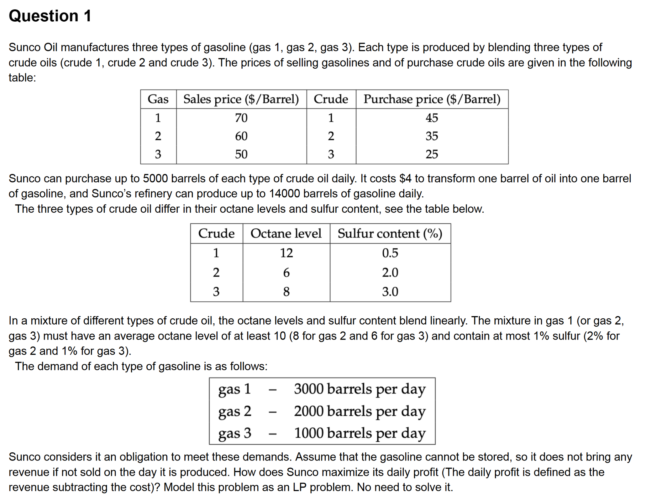 Solved Question 1Sunco Oil manufactures three types of | Chegg.com