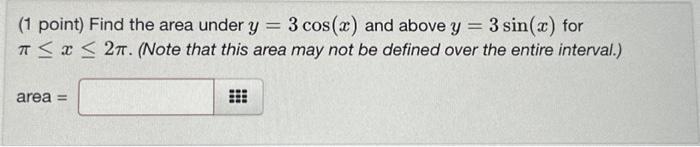 Solved (1 point) Find the area under y=3cos(x) and above | Chegg.com