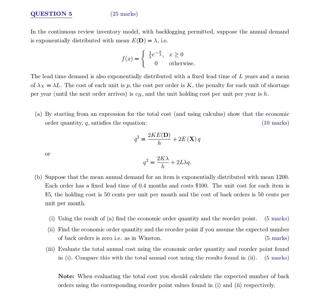 Solved In the continuous review inventory model, with | Chegg.com