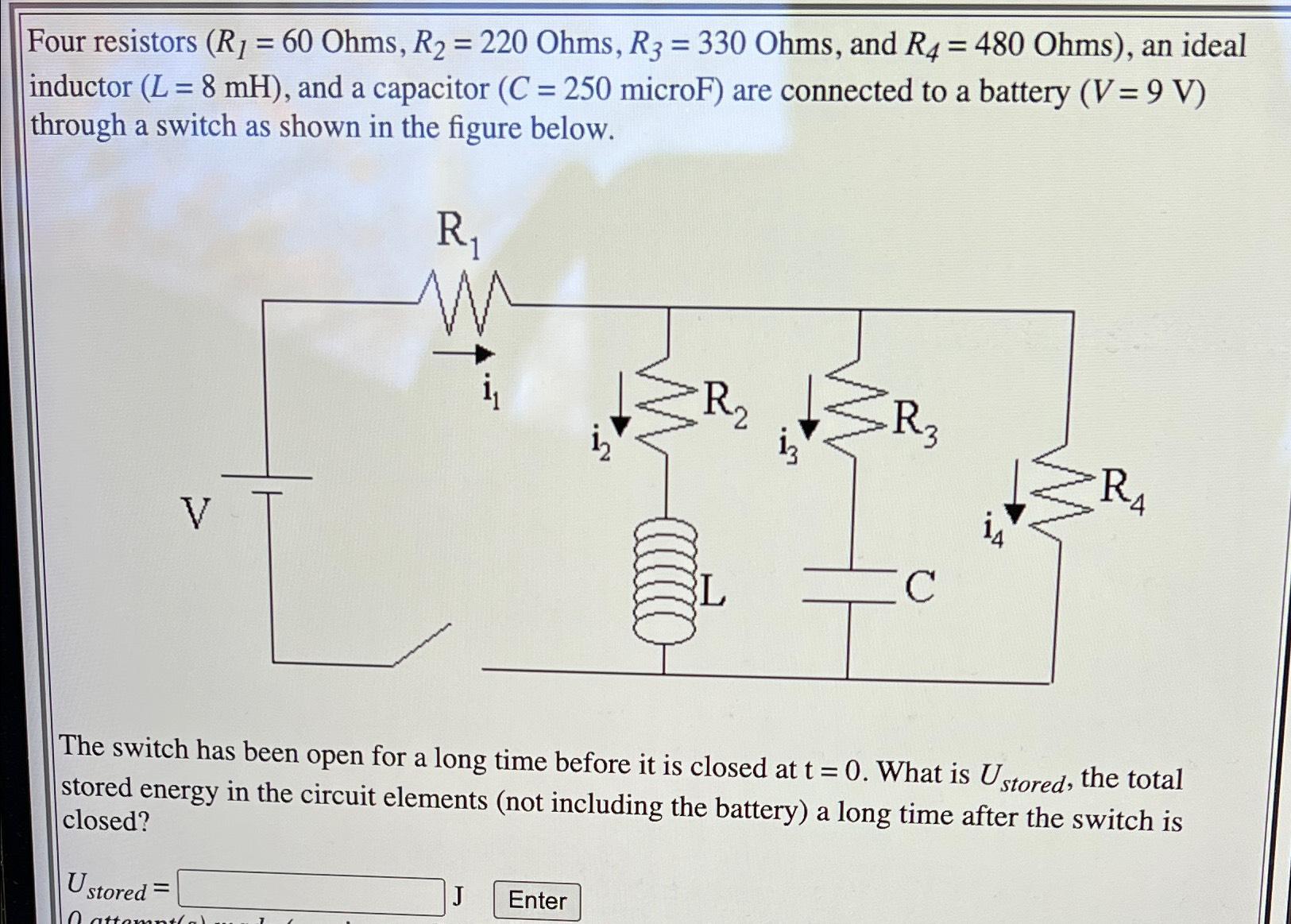 Solved Four resistors , ﻿and (:R4=480Ohms}, ﻿an ideal | Chegg.com