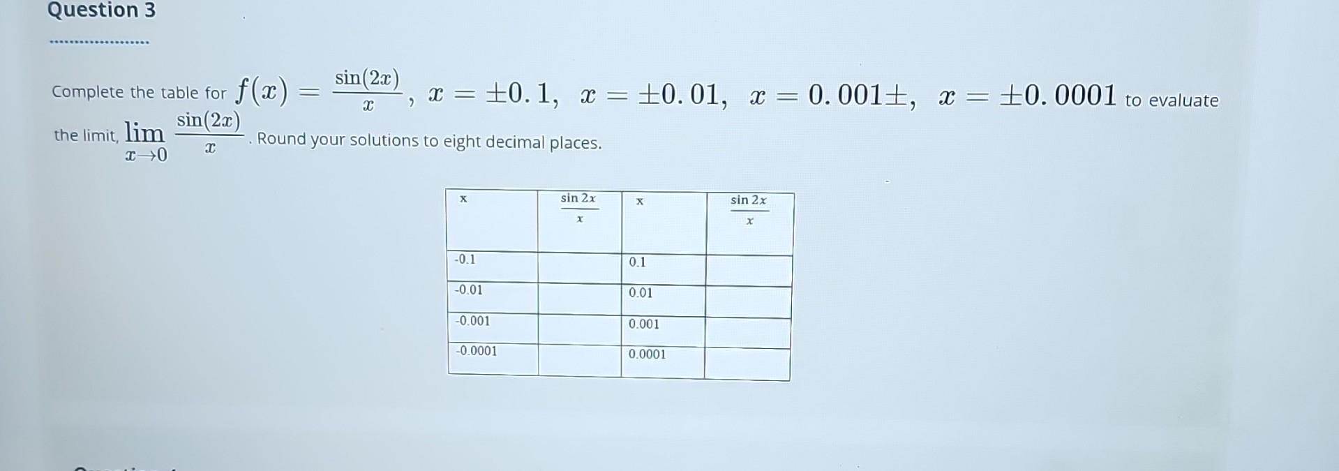 Solved Complete the table for f(x) sin(2x) x the limit, | Chegg.com