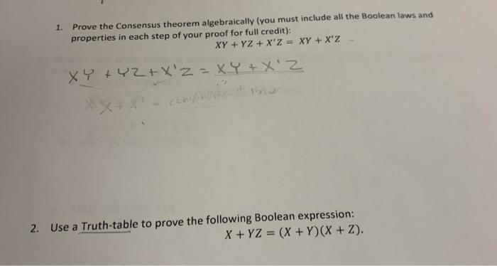 Solved 1. Prove the Consensus theorem algebraically (you | Chegg.com