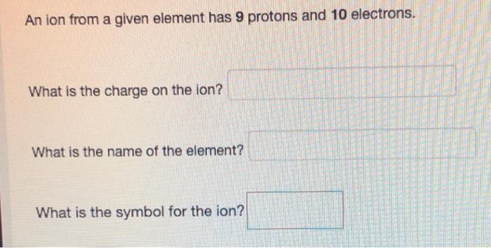 Solved An ion from a given element has 9 protons and 10 | Chegg.com