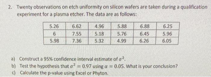 Solved 2. Twenty observations on etch uniformity on silicon | Chegg.com