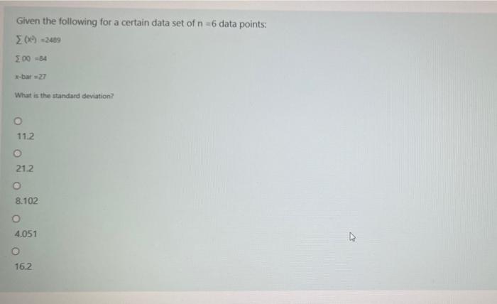 Solved Given the following for a certain data set of n =6 | Chegg.com
