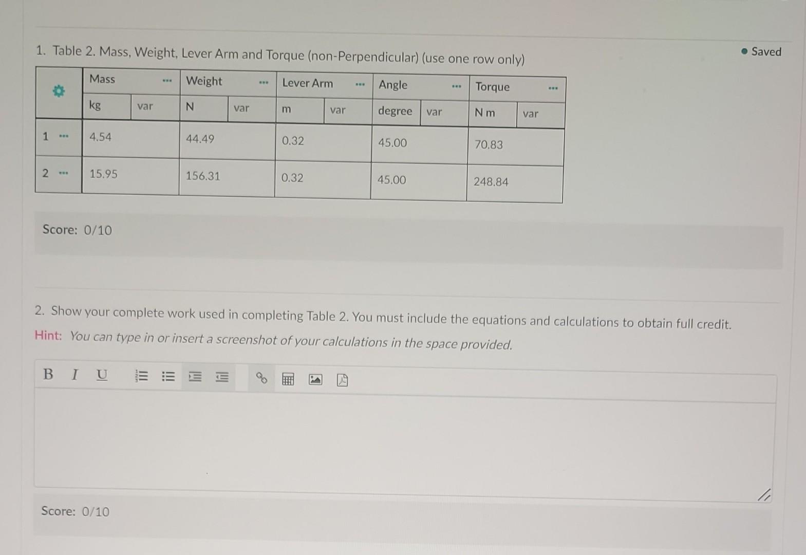 1. Table 2. Mass, Weight, Lever Arm and Torque | Chegg.com