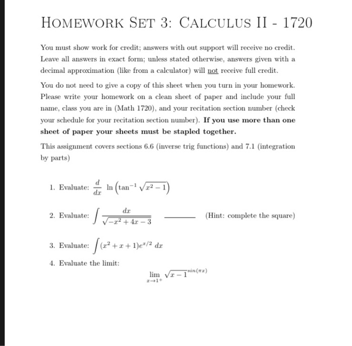 Solved HOMEWORK SET 3: CALCULUS II - 1720 You must show work | Chegg.com