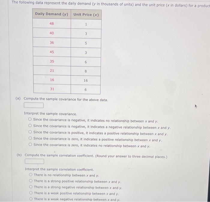 Solved (a) Compute the sample covariance for the above data. | Chegg.com