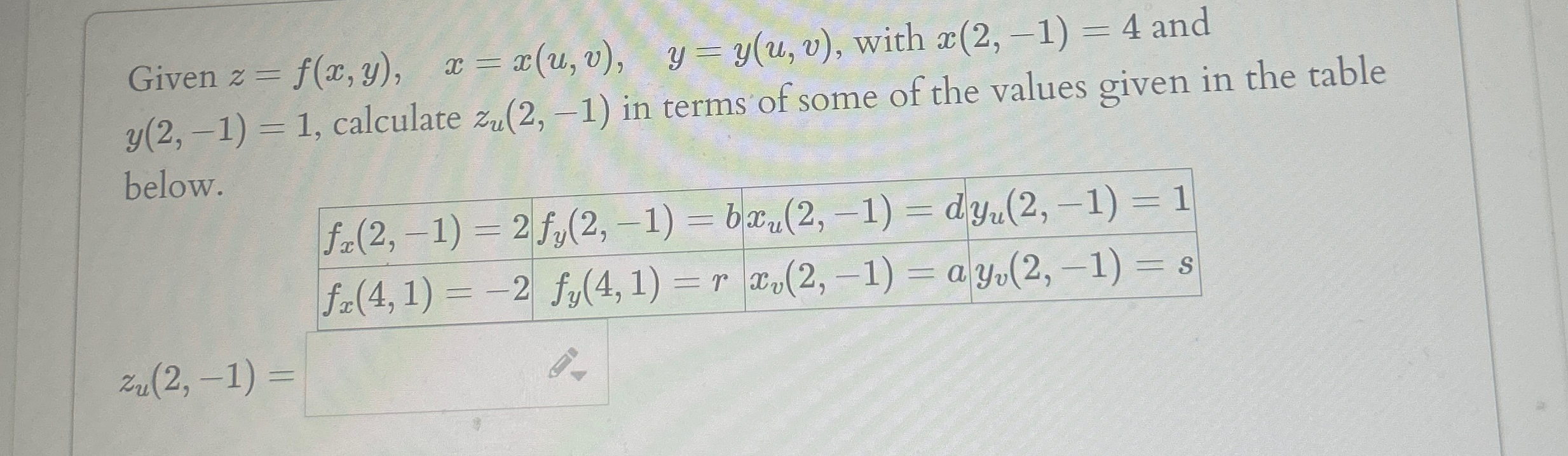 Solved Given z=f(x,y),x=x(u,v),y=y(u,v), ﻿with x(2,-1)=4 | Chegg.com