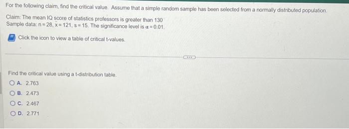 Solved For the following claim, find the critical value. | Chegg.com