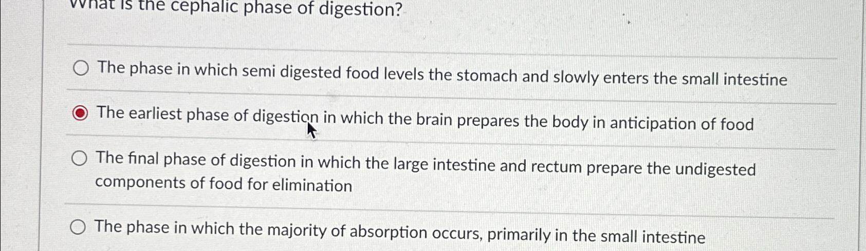 Solved What is the cephalic phase of digestion?The phase in | Chegg.com