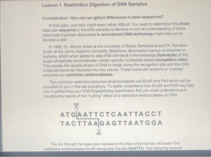 Solved Lesson 1 Restriction Digestion of DNA Samples | Chegg.com