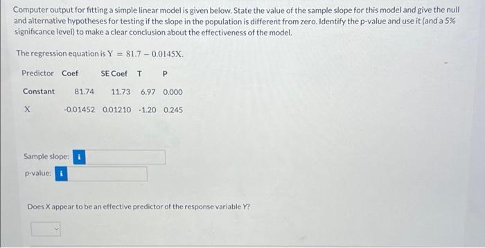 Solved Computer output for fitting a simple linear model is | Chegg.com