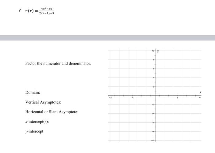 Solved n(x)=2x2−7x−94x2−36 Factor the numerator and | Chegg.com