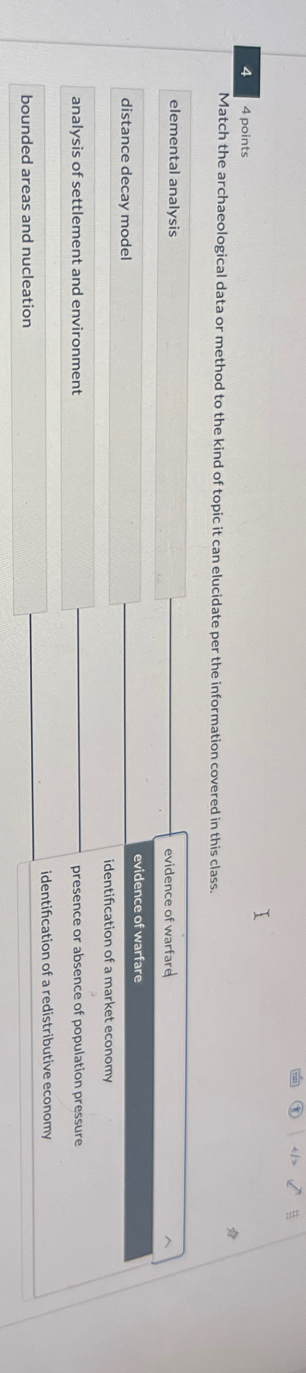 Solved 4 ﻿pointsMatch the archaeological data or method to | Chegg.com