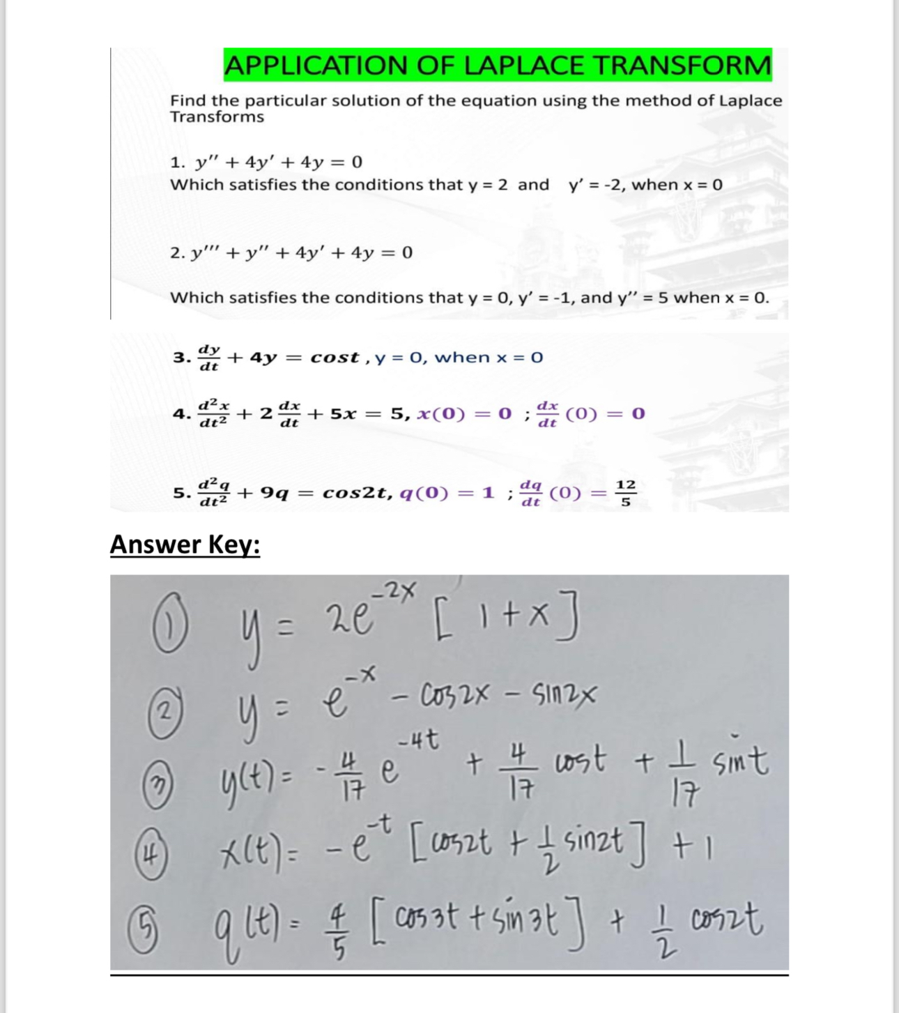 Solved APPLICATION OF LAPLACE TRANSFORMFind the particular | Chegg.com