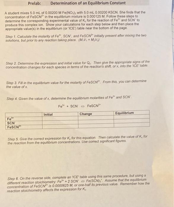 Solved Prelab: Determination of an Equilibrium Constant A | Chegg.com