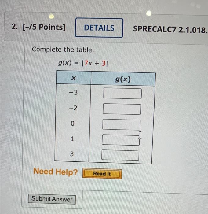 Solved Complete the table. g(x)=∣7x+3∣ | Chegg.com