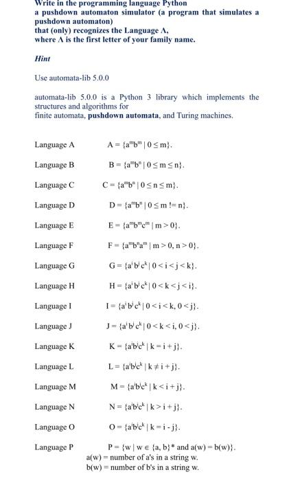Solved Write in the programming language Python a pushdown | Chegg.com