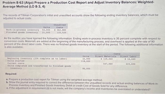 Solved Problem 8-63 (Algo) Prepare a Production Cost Report | Chegg.com