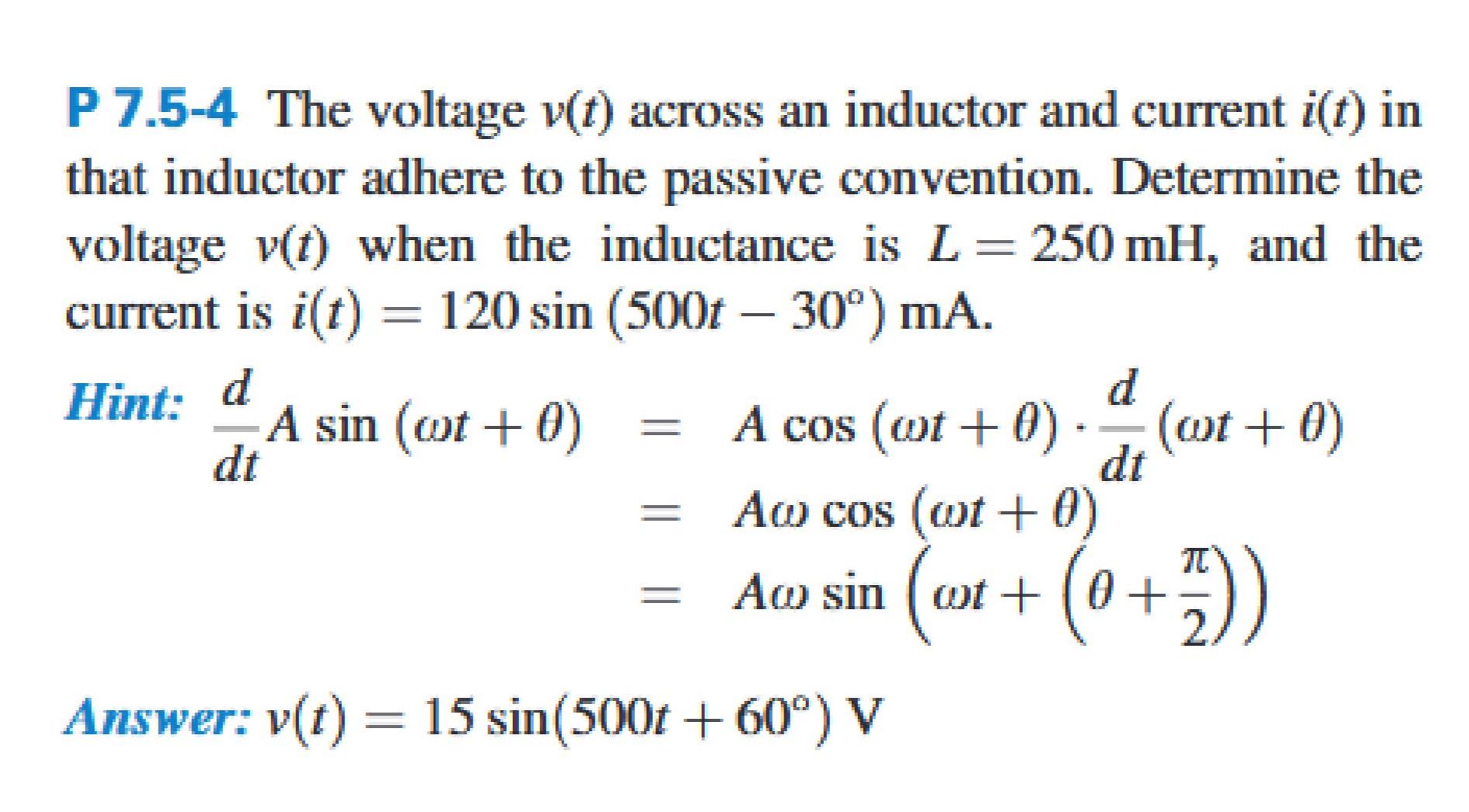 Solved P 7.5-4 ﻿The voltage v(t) ﻿across an inductor and | Chegg.com