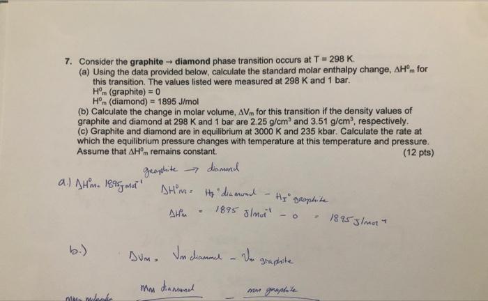 Solved 7. Consider the graphite → diamond phase transition | Chegg.com