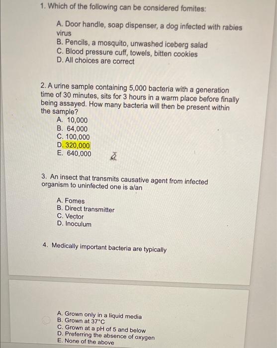 Solved 1. Which of the following can be considered fomites: | Chegg.com