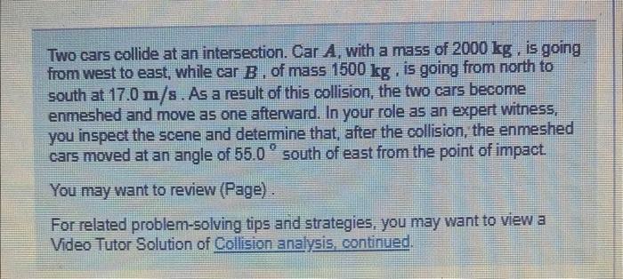 Solved Two cars collide at an intersection. Car A, with a | Chegg.com