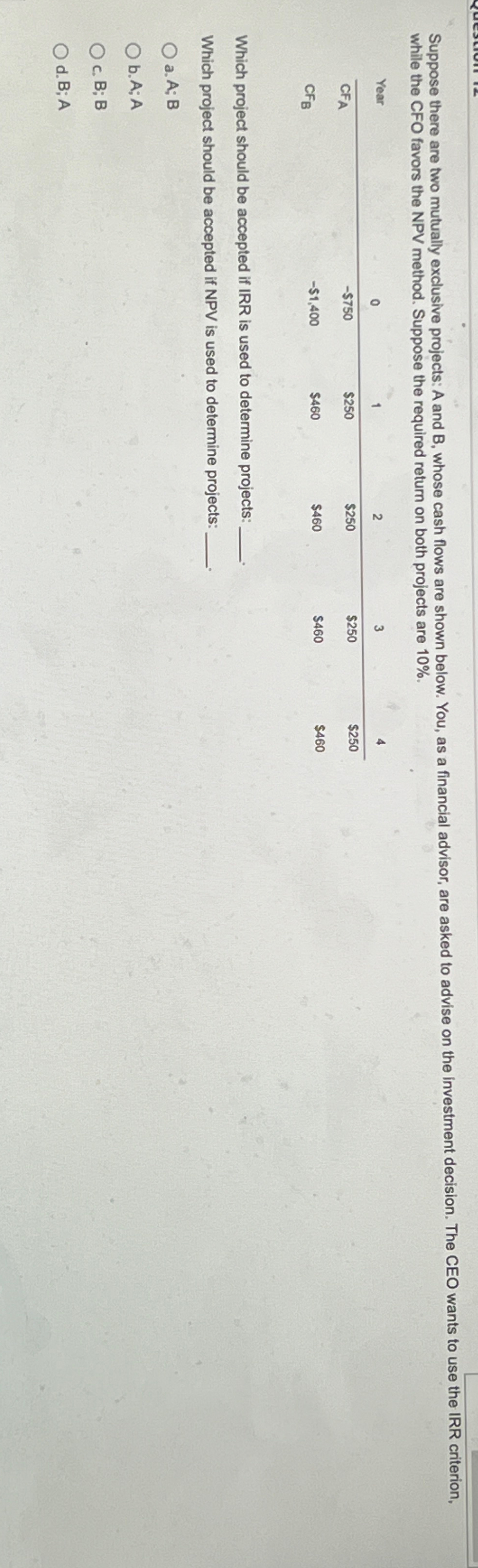 Solved Suppose there are two mutually exclusive projects: A | Chegg.com