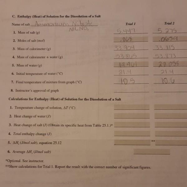 Solved C. Enthalpy (Heat) of Solution for the Dissolution of | Chegg.com