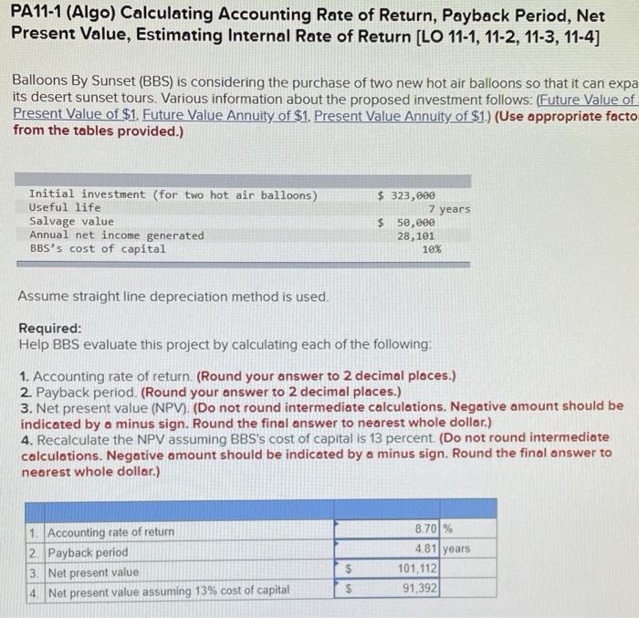 Solved PA11-1 (Algo) Calculating Accounting Rate of Return, | Chegg.com